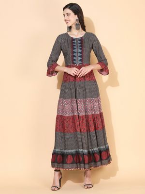 Buy FASHOR Ethnic Printed and Embroidered Tiered Flared Maxi Dress ...