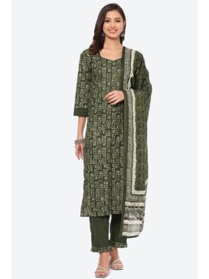 Buy Biba Green Cotton Unstitched Suit (Set of 3) Online