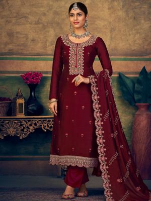 Buy Stylee LIFESTYLE Maroon Silk Embroidered Dress Material (Set of 3 ...