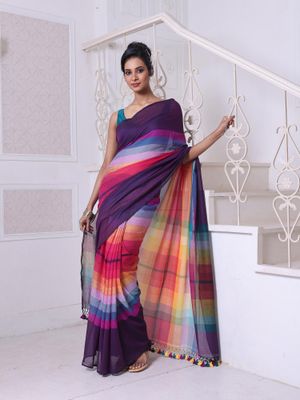 Buy CHARUKRITI Violet and Multi-Color Colorblock Mulmul Cotton Saree ...