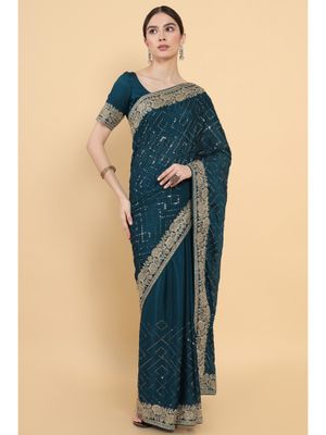 Soch Sarees : Buy Soch Women Turquoise Chiffon Embellished Saree with ...