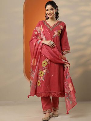 Buy Libas Rust Floral Embroidered Kurta with Pant and Dupatta (S) Online