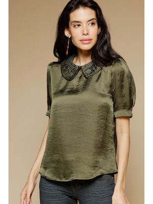 Buy Gipsy Olive Medium Length Peter Pan Neck Short Sleeves Satin Top Online