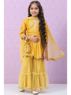 Buy Biba Yellow Embroidered Suit (Set of 3) Online