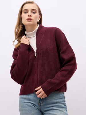 Buy Styli Women Maroon Solid Zipper Cardigan (S) Online