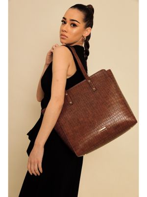 Buy THE GUSTO Beyond Plus Tote Bag Croco with Zipper -Brown (M) Online