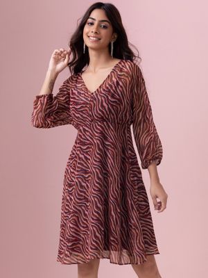 Buy FabAlley Maroon Animal Print Shift Dress Online