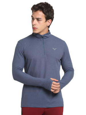 Buy INVINCIBLE Graphite Navy Blue Mens Quarter Zip T-Shirt Online