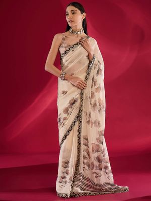 Buy Akhilam Women Georgette Off White Zari Embroidered Saree with Unstitched Blouse with ...