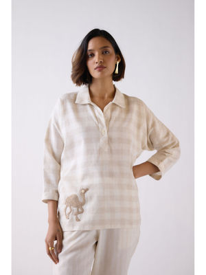 Buy Basanti Kapde aur Koffee Beige Cotton Jacquard Checks Top Online