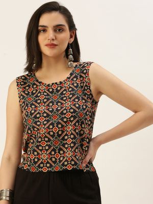 Buy De Moza Women All Over Print Cotton Navy Blue Top Online