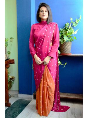 Buy Aapro Label Orange Bandhej Saree With Stitched Blouse Online