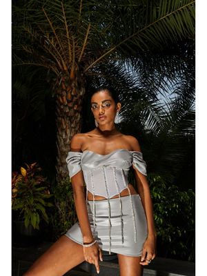 Buy Lea Clothing Liana Silver Rhinestone Corset Crop Top Online