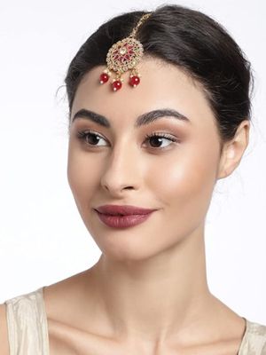 Buy Accessher Gold-Toned & Red Faux Ruby Maang Tika Online