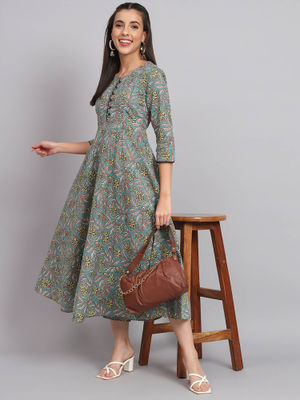 Buy Rangmayee Womens Cotton Green Floral Printed Flared Dress Online