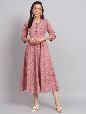 Buy Rangmayee Womens Cotton Pink Floral Printed Flared Dress Online