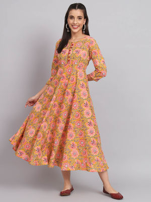 Buy Rangmayee Womens Cotton Yellow Floral Printed Flared Dress Online