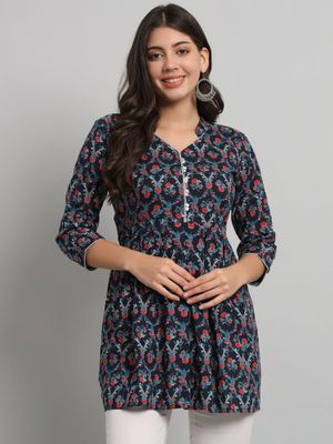 Buy Rangmayee Cotton Blue Ikat Printed Short Kurti With Silver Shimmer ...