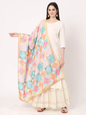 Buy Moda Chales Phulkari Dupatta Pastel Colours with Golden Lace Taping ...