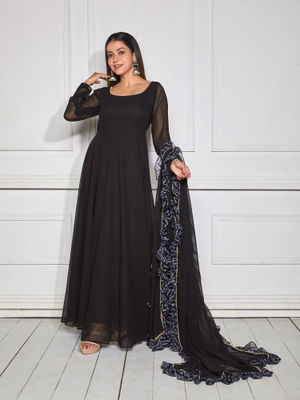 Buy NUD Raisin Black Sheer Back Anarkali with Dupatta (Set of 2) Online
