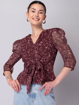 Buy FabAlley Maroon Front Knot Peplum Top Online