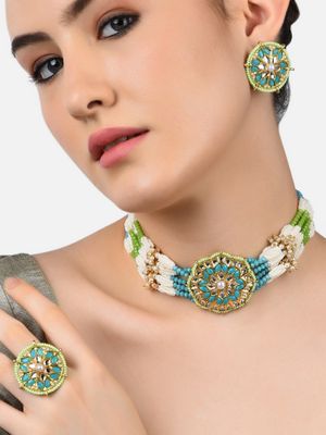 Buy Zaveri Pearls Turquoise Blue & Green Beads Choker Necklace Earring ...