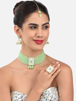 Buy Zaveri Pearls Green Multistrand Choker Necklace Earring Maangtikka ...