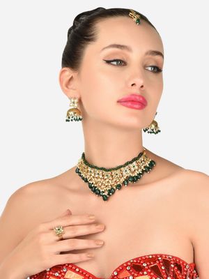 Buy Zaveri Pearls Green Beads Kundan Choker Necklace Earring Maangtikka ...