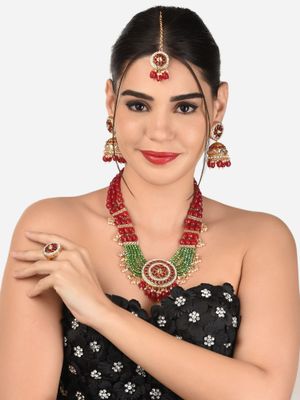 Buy Zaveri Pearls Maroon & Green Bridal Long Necklace Earring ...