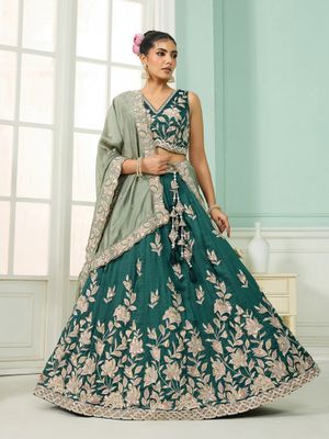 Buy Panchhi Green Silk Embroidered Semi Stitched Lehenga and Unstitched ...
