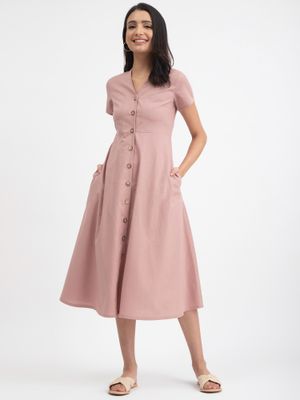 Pink Fort Midi Dresses : Buy Pink Fort Linen Blend A-line Flared Dress ...