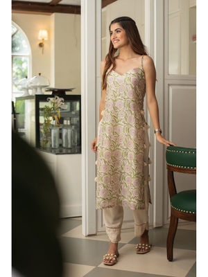 Buy Anuvas Sudhaya Chanderi Off White Floral & Tassels Sleeveless ...