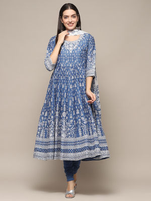 Buy Biba Blue Cotton A-Line Printed Anarkali Kurta With Churidar ...