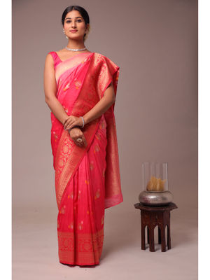Buy Zari Jaipur Red Silk Handloom Saree with Unstitched Blouse Online
