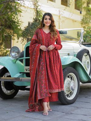 Buy Divena Red Floral Cotton Printed Anarkali Kurta with Pant and ...