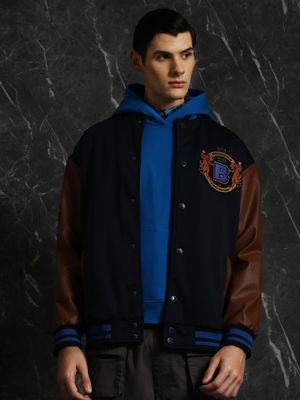 Buy BREAKBOUNCE Navy Oversized Bomber Jacket with Pu Sleeve Online
