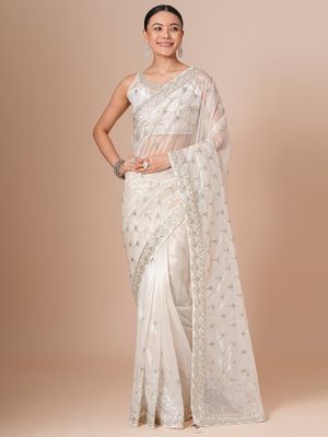 Buy Akhilam White Women's Net Embellished Saree with Unstitched Blouse Online