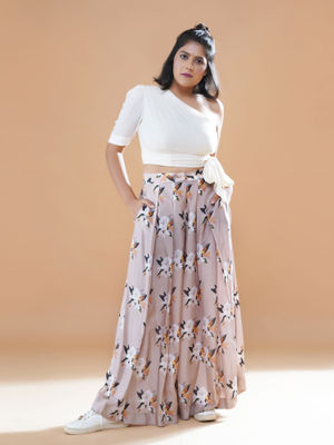 Buy Neeti And Mudita Ivory One Shoulder Tie Up Top With Wildflower Pant ...