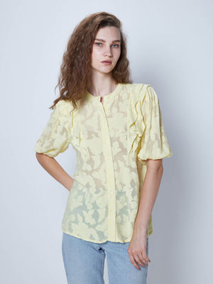 Buy COVER STORY Yellow Solid Ruffled Shirt Online