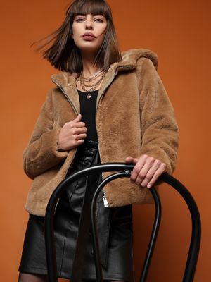 Buy VERO MODA Brown Faux Fur Hooded Jacket Online