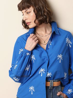 Buy VERO MODA Blue Floral Embroidered Shirt Online