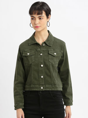 Buy SHOWOFF Women Olive Denim Jacket (XS) Online