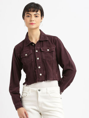 Buy SHOWOFF Women Burgundy Denim Jacket (M) Online