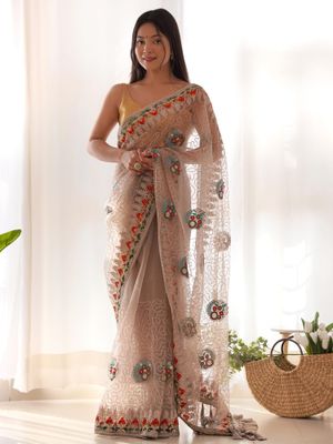 Buy Akhilam Womens Net Beige Embellished Designer Saree with Unstitched Online
