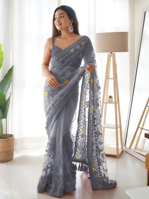 Buy Akhilam Womens Net Grey Embellished Designer Saree with Unstitched Online