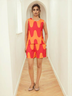 Buy Dora Dori Bright Orange and Pink Wave Print Co-ords set (S) Online