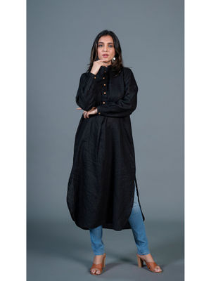 Buy Eeshva India Black Jabha Style Linen Kurta Online