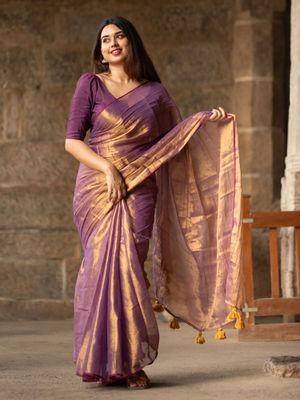 Buy I LOVE SAREES Purple Plain Tissue Cotton Saree without Blouse Online
