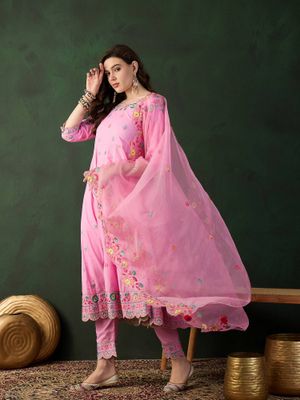 Buy Rama's Women Pink Color Embroidery Anarkali Kurta Pant with Dupatta ...