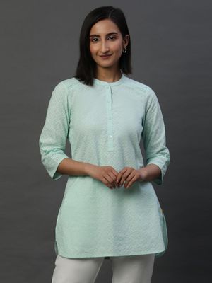 Buy Aurelia Sky Blue Lace Inserted Short Schiffli Kurti (L) Online